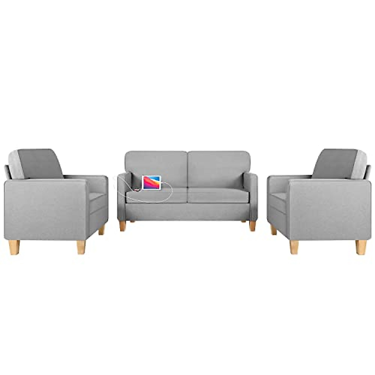 AODAILIHB 3 Piece Sofa Set Living Room Furniture Sets with 2 USB Charging Ports, Upholstered Sectional Couch Sets, Loveseat & 2 Accent Chairs, Grey Couches Apartment Office Small Space (3, Light Grey)