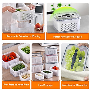 GSAFEME 4 PCS Large Fruit Containers for Fridge with Handle - Leakproof Food Storage Containers with Removable Colander for Salad Berry Lettuce Vegetables Meat Keeper