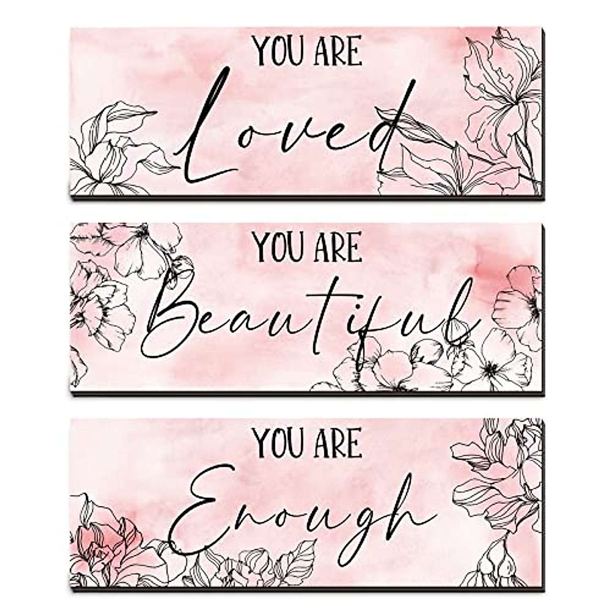 3 Pieces Floral Wooden Hanging Wall Art Positive Quotes You Are Loved You Are Beautiful You Are Enough Inspirational Word Sign Decors for Teen Girls Women Room (Pink. 4 x 11 Inch)