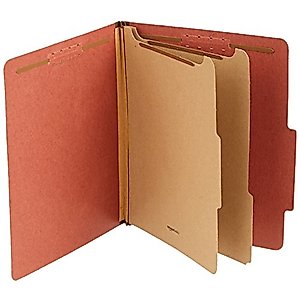 Amazon Basics Letter Size Pressboard Classification File Folder with Fasteners, 2 Dividers, 2-Inch Expansion, Red - Pack of 10