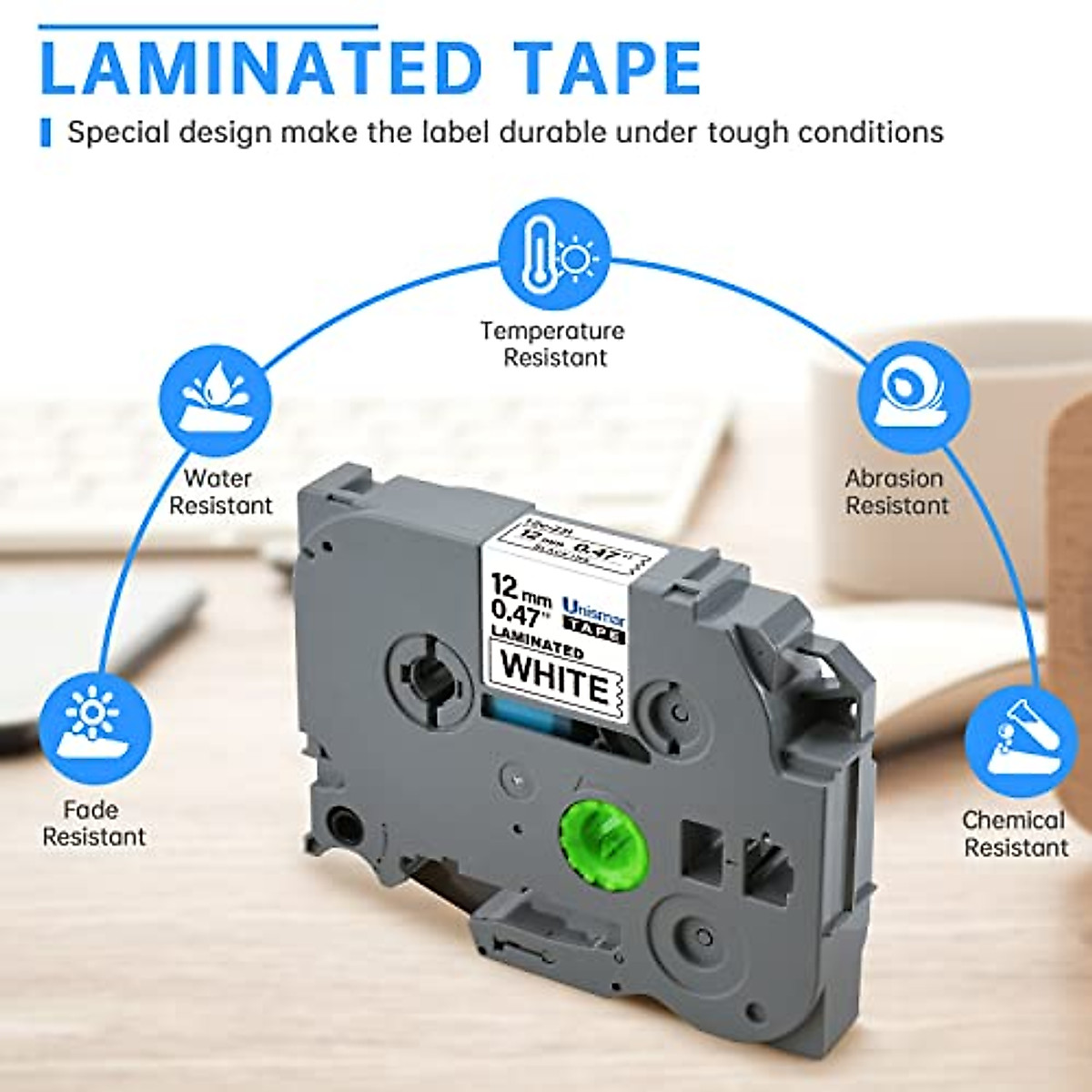 Unismar Tze 12mm 0.47 Laminated White Tape Compatible for Brother TZe-231 TZe231 for Ptouch PT-D220 PTD210 PTH110 PTH100 PTD600 PTD200 Label Maker, Black on White 1/2'' x 26.2', 5 Pack