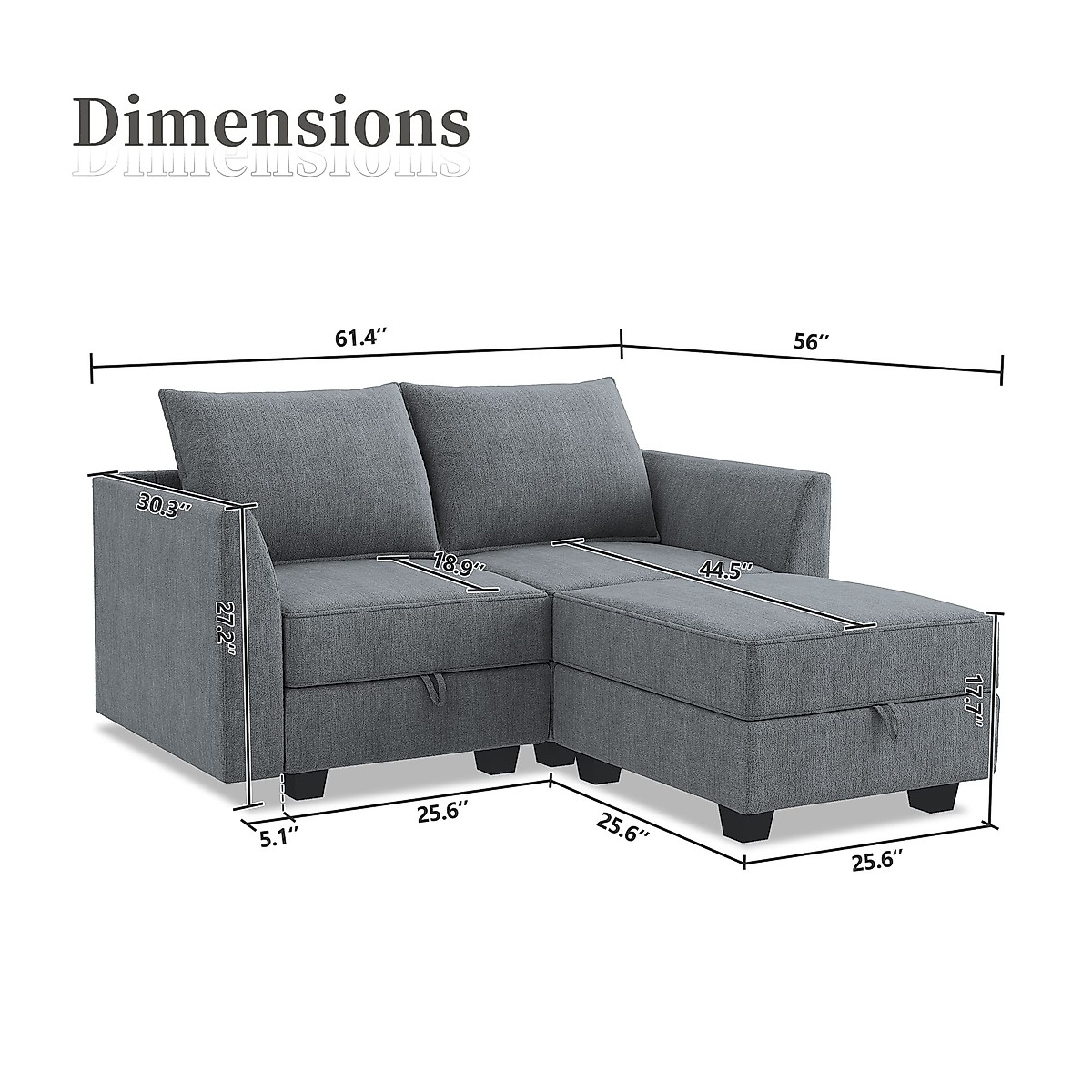 HONBAY Modern L Shaped Sectional Sofa for Small Space Fabric Modular Sofa with Chaise Loveseat Sofa with Ottoman and Storage Seat, Bluish Grey