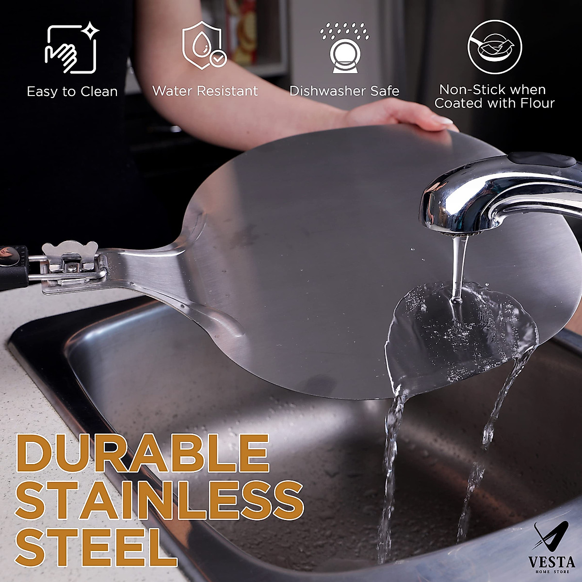 Pizza Spatula - 12 x 14 Inch Stainless Steel Pizza Peel - Foldable Pizza Paddle with Ergonomic Handle - Food Grade Material - Highly Durable Sturdy Construction - Perfect for Pies, Pizza, All Ovens