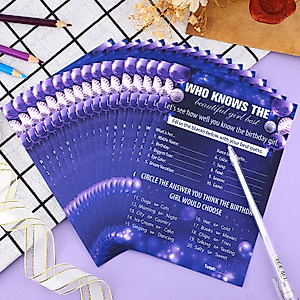RUMIA 50 Pcs Who Knows The Birthday Girl Best Game Cards Purple Birthday Party Activity Game Card for Kids Teens Girls Notebook Themed Party Sleepover Slumber Party Games Girl Birthday Supplies
