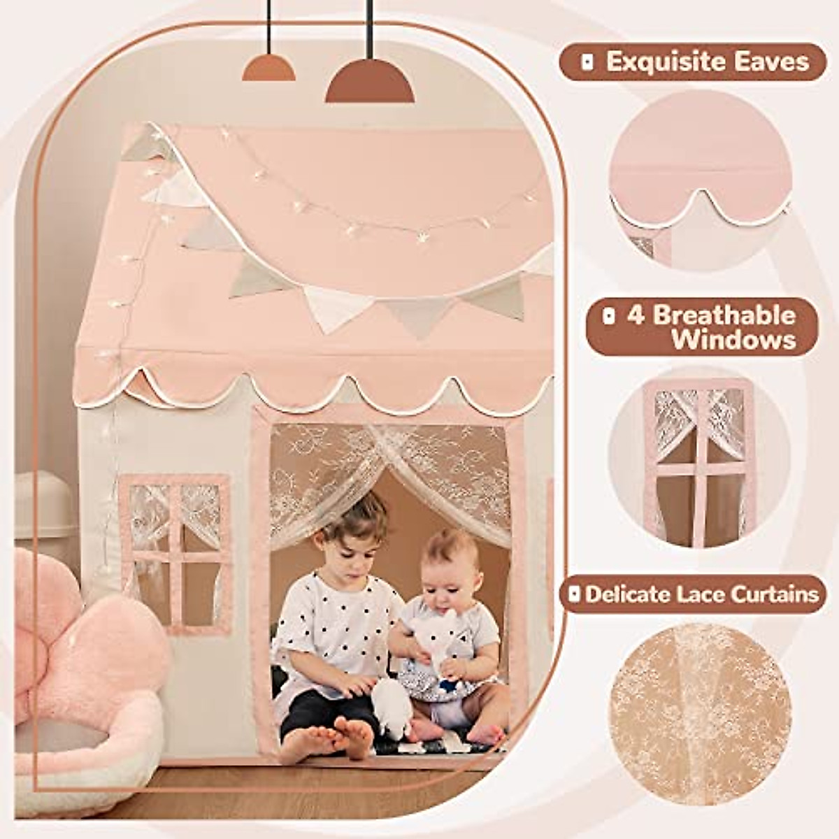 Kids Play Tent with Non-Slip Mat, Star Lights, Decorating Flag, Lace Curtains Playhouse with 4 Windows, Machine Washable, Indoor and Outdoor Play Tent for Kids, Girls, Pink, 47" x 40" x 52"