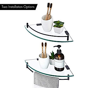 KES Bathroom Glass Corner Shelf Tempered Glass Shelf with Rail Wall Mount Corner Shelf SUS 304 Stainless Steel Matte Black 2 Pack, BGS2101A-BK-P2