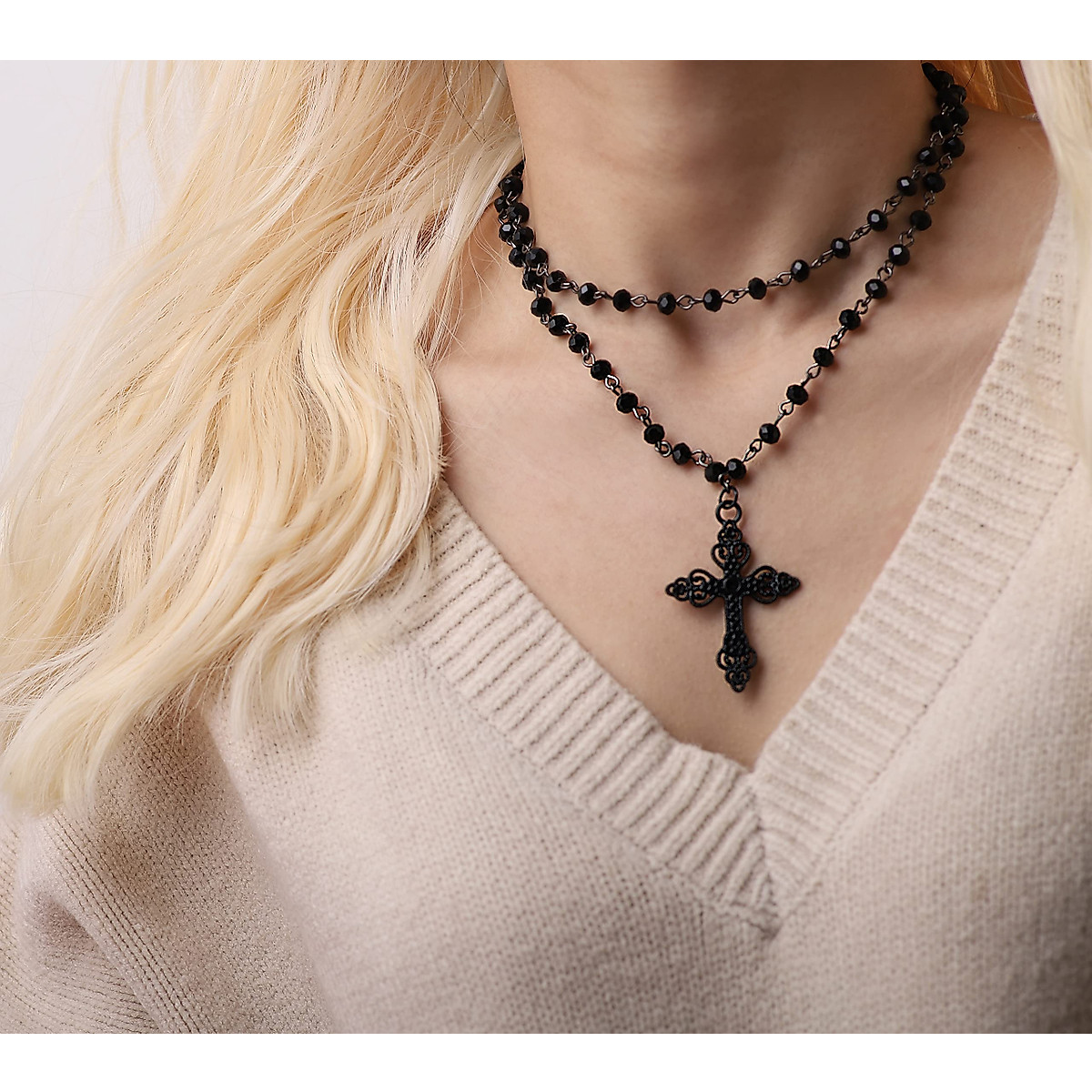 Sacina Gothic Layered Cross Necklace, Zinc Alloy Black Bead Cross Choker Necklace, Halloween Goth Jewelry Gift for Women (Layered Bead Cross)