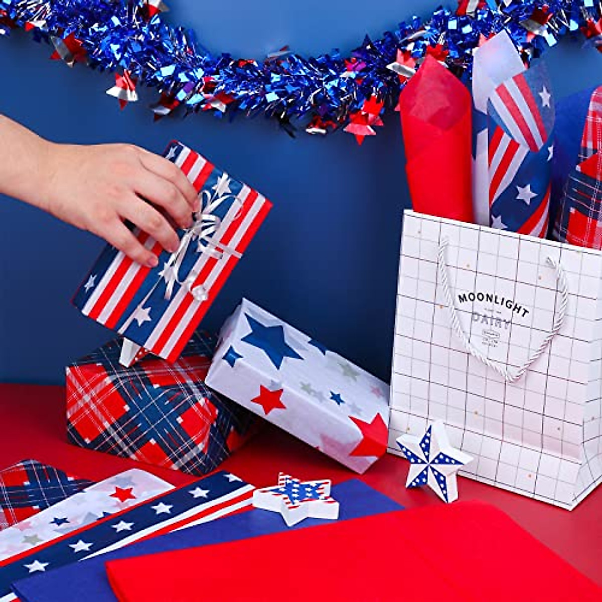 Kavoc 100 Sheet Red Blue White Tissue Wrapping Paper,Chrismas Tissue Paper Stars Stripe Pattern Tissue Paper Holiday Art Tissue for Gift Packing,13.8 x 19.7