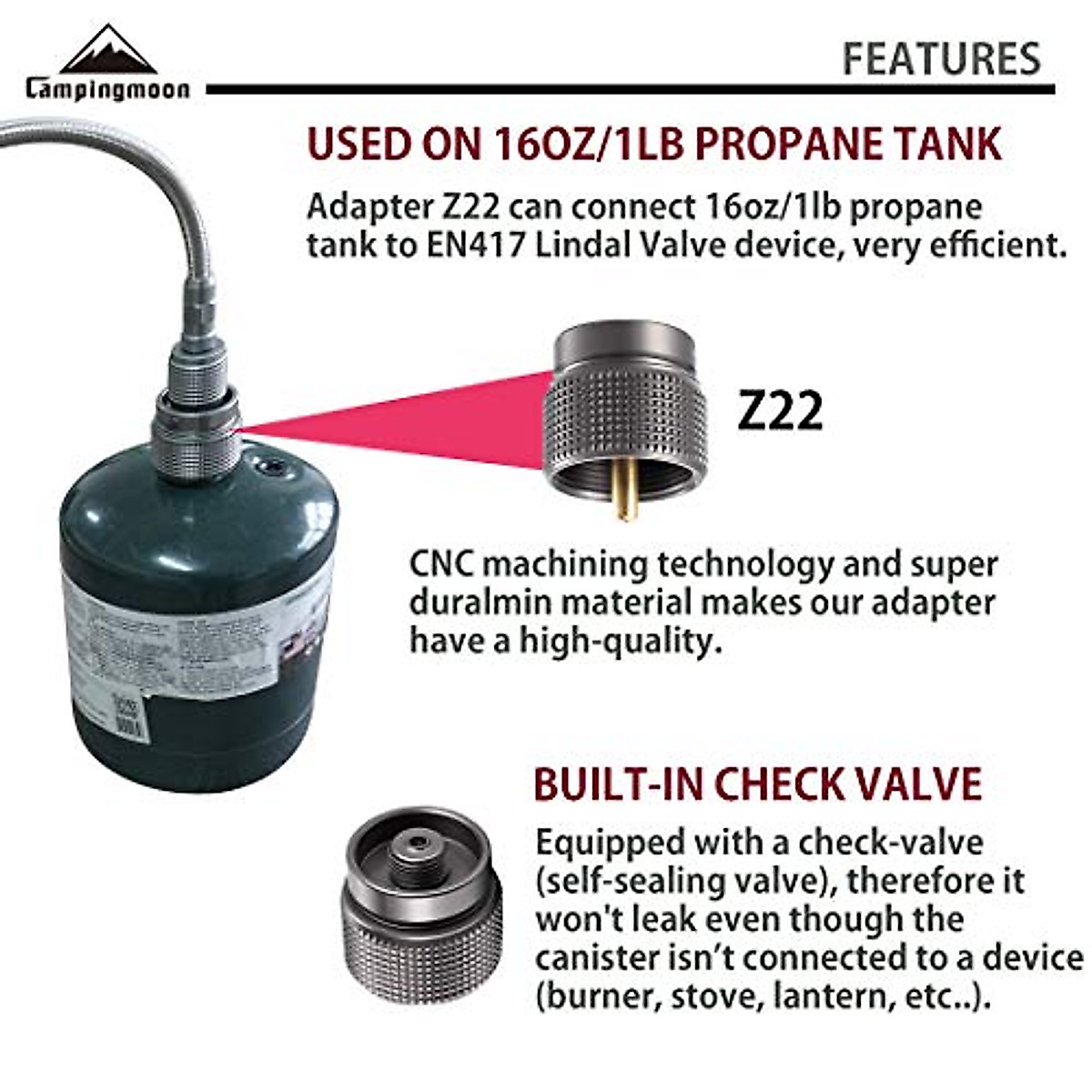 CAMPINGMOON Propane Gas Device Adapter with Extend Hose(41"/105cm), Input: 16oz/1Lb Small Propane Canister, Output: Propane Gas Stove Z22/Z29-105