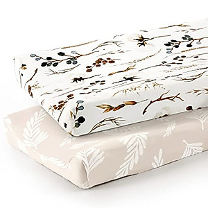 GRSSDER Stretch Ultra Soft Jersey Knit Changing Pad Cover Set 2 Pack, Change Table Pad Covers Fit 32"/34" x 16" Pads Safe and Snug, Stylish Pretty Flora for Baby, Beige