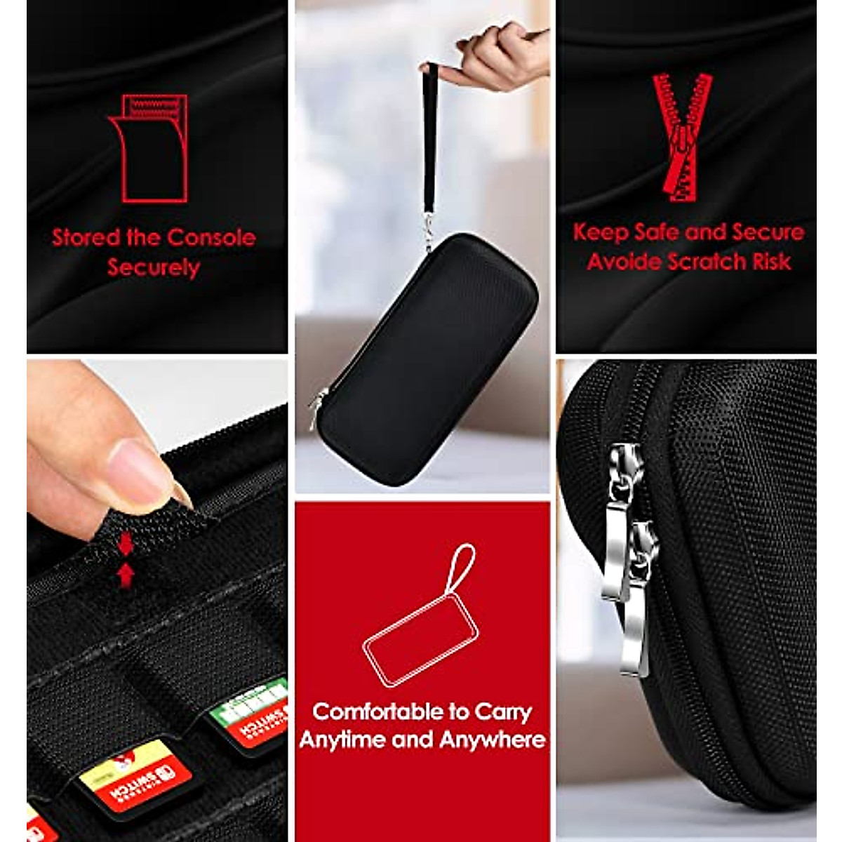 ivoler Carrying Case for Nintendo Switch and NEW Switch OLED Model(2021), Portable Hard Shell Pouch Carrying Travel Game Bag for Switch Accessories Holds 10 Game Cartridge (Black)