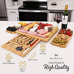 Bamboo Cheese Board and Knife Set, Wood Charcuterie Boards Set with Wine Glass Marker, Cheese boards Tray, Unique House warming Gifts for New Home, Gift Bridal Shower, Anniversary
