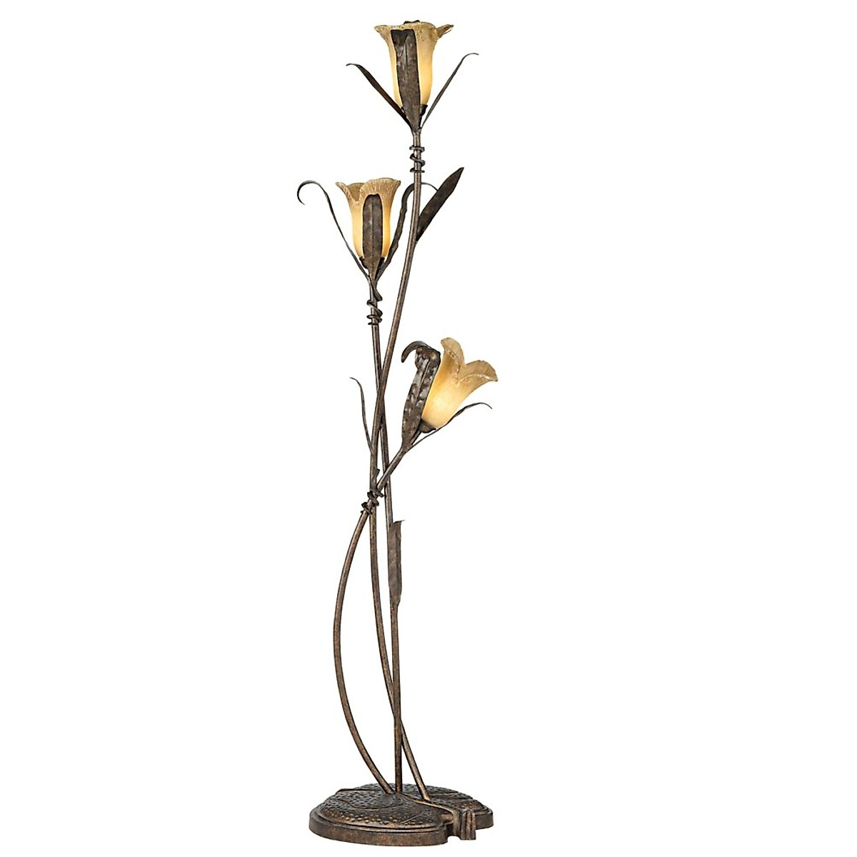 Franklin Iron Works Rustic Farmhouse Sculptural Floor Lamp Standing 68 1/4" Tall Bronze Gold 3-Light Amber Glass Intertwined Lily Flower Shade for Living Room Reading Bedroom Office House Home