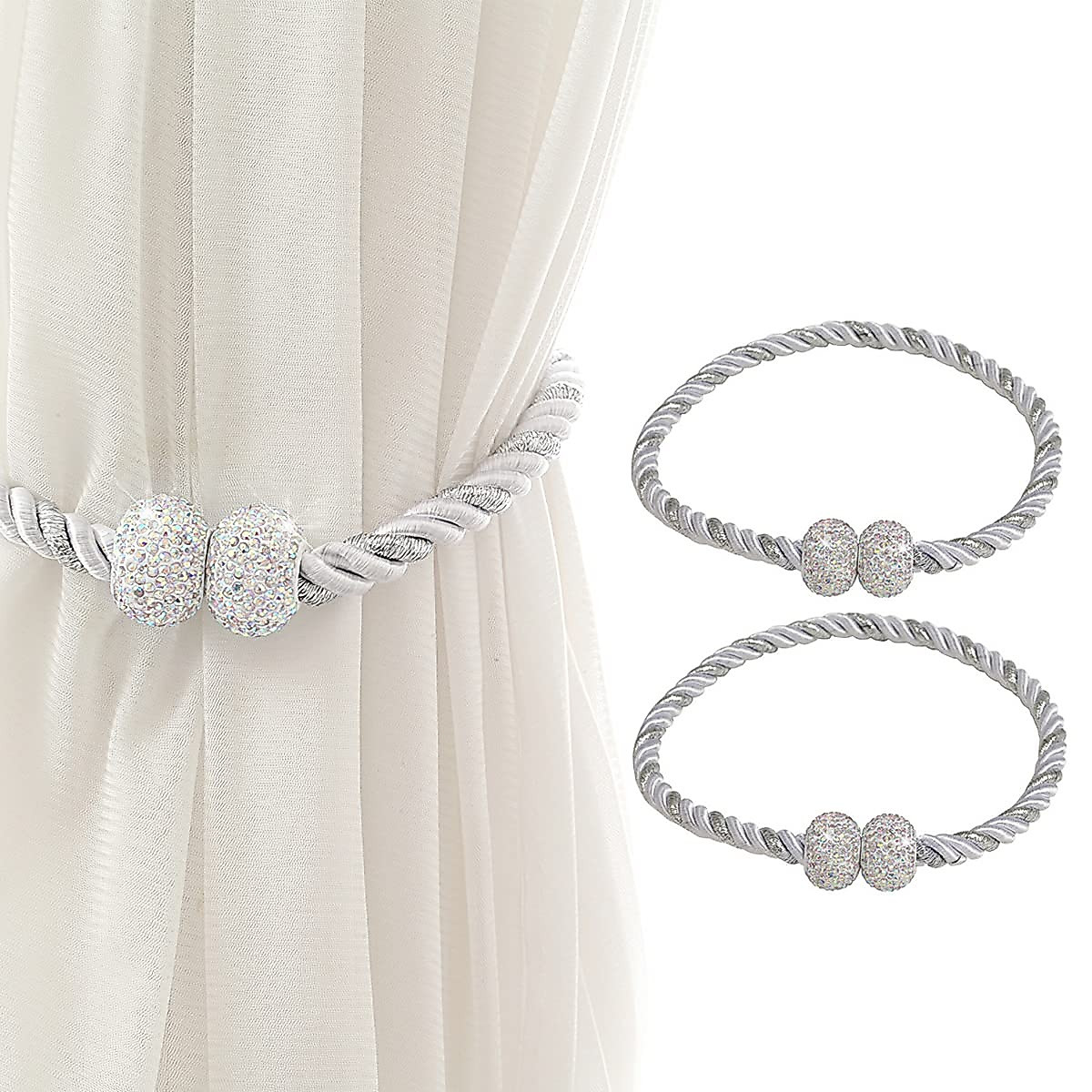 Bling Magnetic Curtain Tiebacks, Decorative Curtain Holdbacks, Crystal Tie Backs for Curtains, Curtain Holders for Window Draperies - 16 inch, Grace, Simplicity & Elegance (Silver, 2)