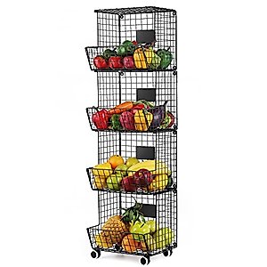 4 Tier Fruit Basket Kitchen Rolling Wire Vegetable Fruit Cart Rack, Stackable Potato Onion Organizer Bin with Wheels and Chalkboards, Wall Storage Bakset for Fruits and Vegetables