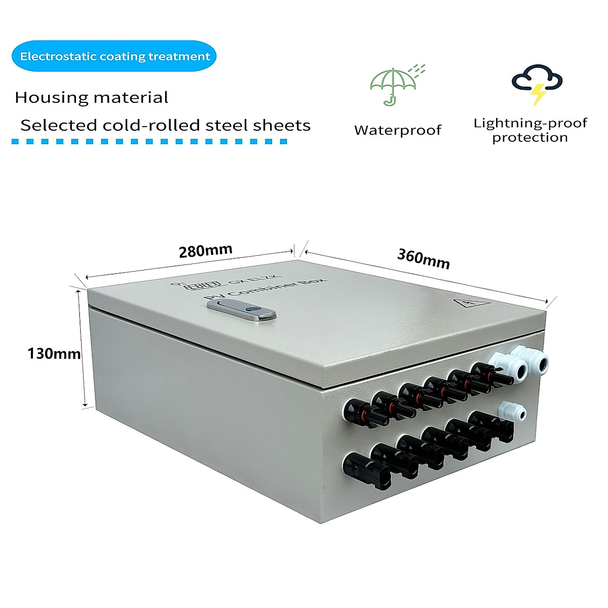 GXELZK Gx Electrical Solar Combiner Box with 6 Strings, 80 A Circuit Breakers. This photovoltaic Combiner Box is Suitable for Off-Grid Solar Power