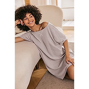 Ekouaer Women Soft Night Shirts V Neck Waffle Knit Loose Nightgowns Cute Sleepwear Light Curry M