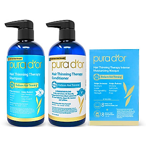 PURA D'OR Hair Thinning Therapy 3-Piece Set, Shampoo, Conditioner & Masque for Best Results, Infused with Argan Oil, Biotin, All Hair Types, Men & Women (Packaging may vary)