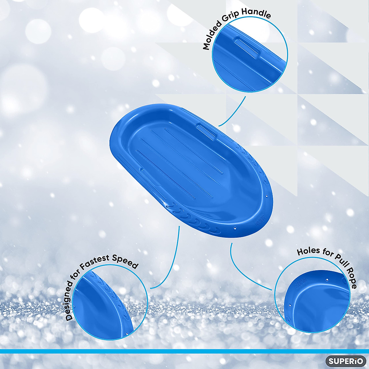 Superio Toboggan Snow Sled for Kids and Adults, 36" and 48" Heavy Duty Plastic Slider with Handles and Hole for Pull Ropes- Kid and Adult Winter Fun, 3 Pack (Red, Yellow, Blue-36)