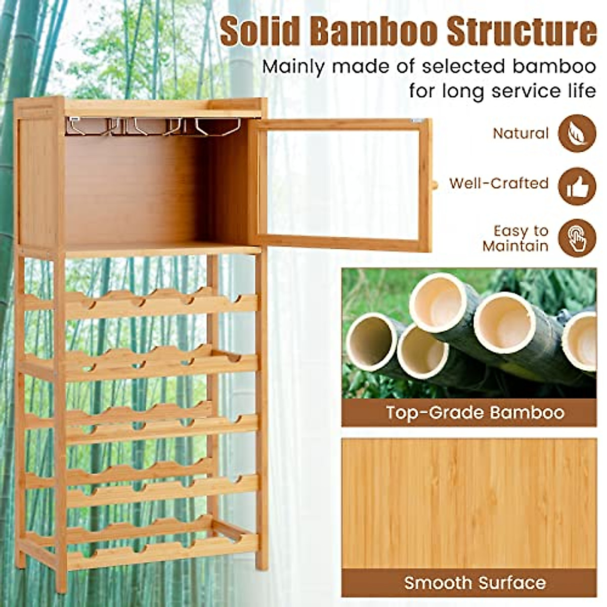 COSTWAY Freestanding Wine Rack, 20-Bottle Wine Display Shelf w/ 100% Bamboo Material, Glass Holder, Transparent Cabinet Door, Vertical Wine Bar Cabinet Organizer for Kitchen, Pantry, Home Bar