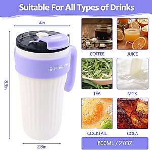 PHILORN 27 oz Tumbler with Lid, Straw & Handle, Stainless Steel Insulated Water Bottle, Leak Proof Travel Tumbler Fits in Cup Holder, White Cup for Cold & Hot Drinks