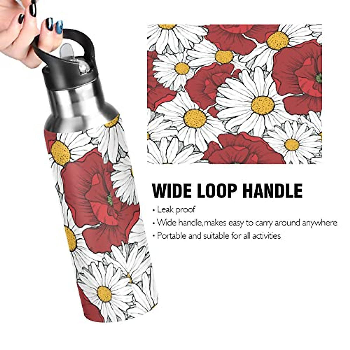 Poppies Daisies Leak Free Insulated Bottles with Handle 32 oz Vaccuum Bottle with Straw Lid Thermal Bottle for Hot & Cold Drinks BAP-Free