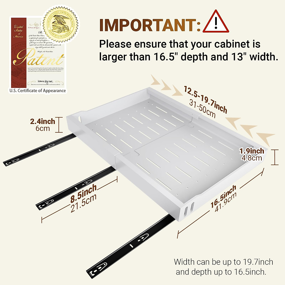 Gracenal Pull Out Cabinet Organizer, Kitchen Organizers and Storage 16.5" DEEP Expandable Width 12.5" - 19.7", Heavy Duty & 3 Trails, No-Nail Sticker Bathroom Kitchen Organization and Storage 1 Pack