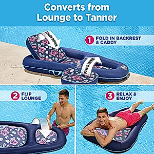 Aqua Campania Ultimate 2-in-1 Pool Float Lounge – Extra Large – Inflatable Pool Floats for Adults with Adjustable Backrest & Cupholder Caddy – Navy Hibiscus