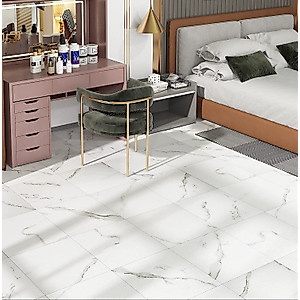 FunStick White Peel and Stick Floor Tile Waterproof 12x12 in Marble Adhesive Vinyl Flooring Peel and Stick Tiles for Bathroom Floor Tile Stickers Kitchen Laundry Room Bedroom Laminate Flooring 5 Pack