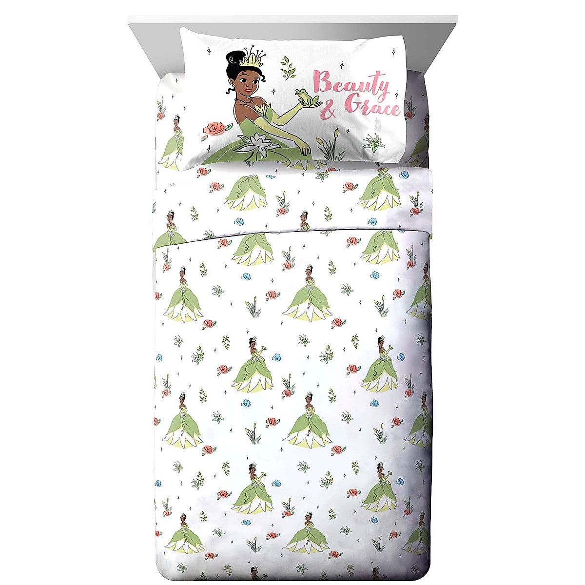 Jay Franco Disney The Princess and The Frog Beauty & Grace Twin Size Sheet Set - 3 Piece Set Super Soft and Cozy Kid’s Bedding Featuring Tiana - Fade Resistant Microfiber Sheets