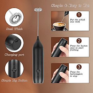 FYY Milk Frother Handheld, Electric Foam Maker with Stainless Steel Whisk, Rechargeable Frother Drink Mixer with USB-C Cable for Coffee, Lattes, Cappuccino, Frappe, Matcha, Hot Chocolate,-Black