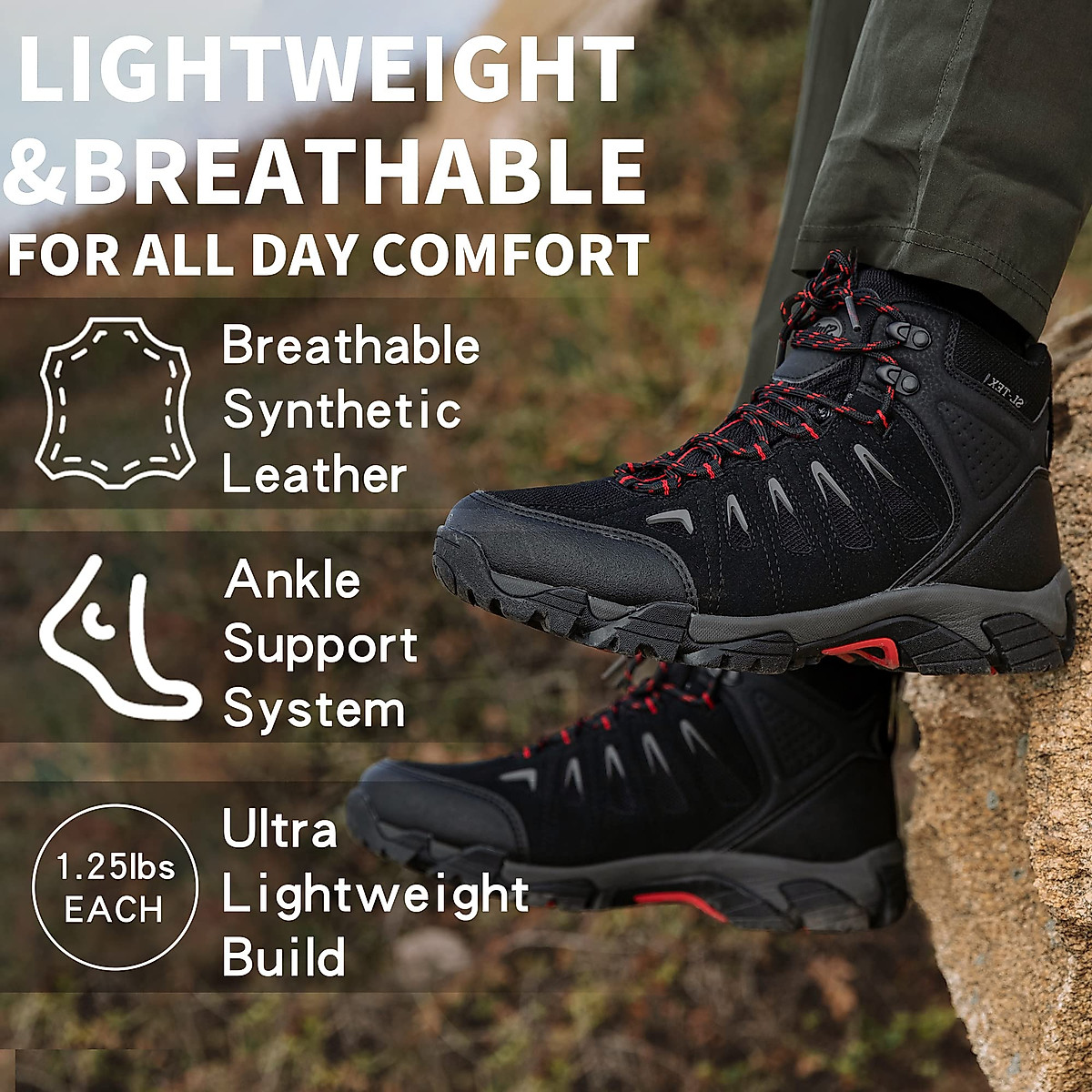 SHULOOK Men's Waterproof Hiking Boots Non-Slip Lightweight Outdoor Mid Top Ankle Boot Breathable Hiker Work Trekking Shoes