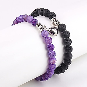 Matching Couple Bracelets Healing Crystal Bracelets for Couples Matching Heart Bracelet for Lover Him & Her Boyfriend Girlfriend Valentine's Day Gifts (Purple Weathered Agate+ Black Lava Rock Stone)