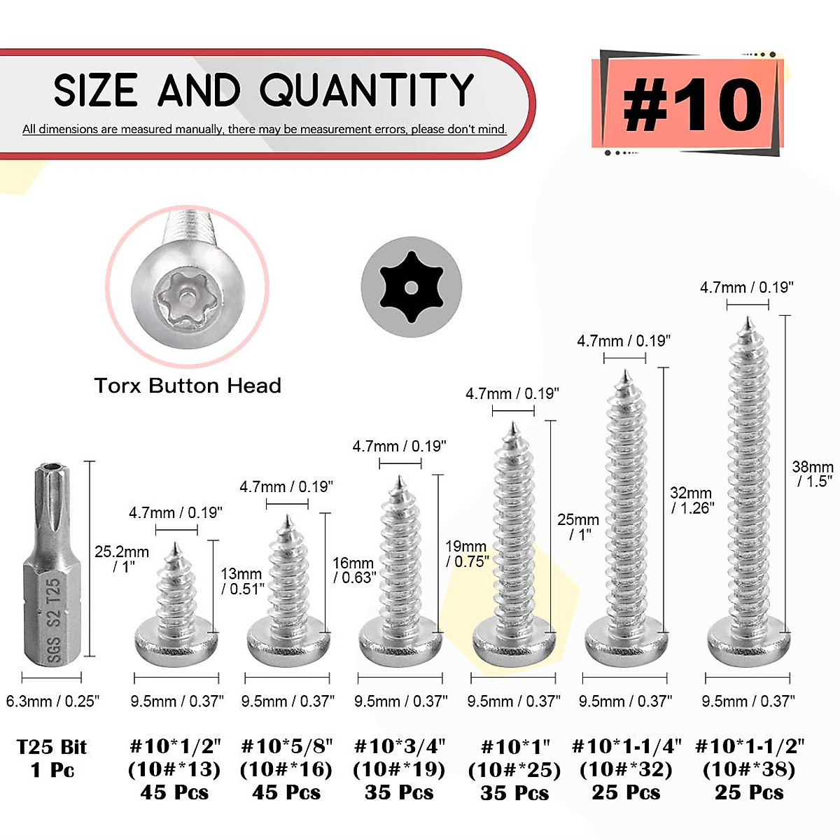 Hilitchi 210 Pcs #10 Stainless Steel Button Head Torx Sheet Metal Screws Silver Security Anti-Theft Tamper Proof Screws Assortment Kit with Screwdriver Bit T25 (#10 x 1/2" ~ #10 x 1-1/2")