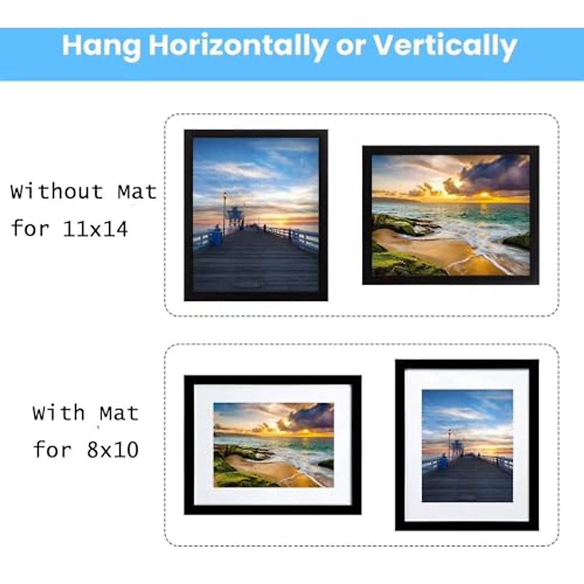 Framenow 11x14 Picture Frame for Home Décor,Real High Definition Glass,Premium Quality Elegant Photo Frame with Wall hanger,Horizontal or Vertical Display,Great Gift Idea"Black.8x10 with Mat.