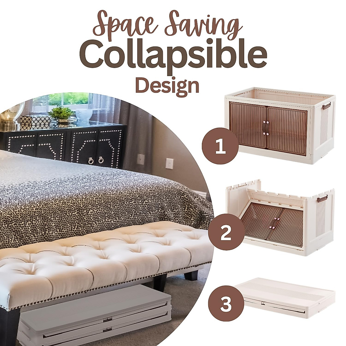 Proktik 95 QT Foldable Stackable Storage Bins with Doors – Magnetic Doors Stackable Open Front Storage Bins - Collapsible Storage Box with Leather Handles for Organizing Toys, Pantry, Books, Clothes