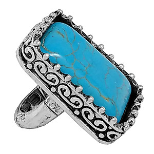 Rosemarie & Jubalee Women's Statement Size Western Chic Rectangular Semi Precious Howlite Stone Stretch Cocktail Ring, 1.37" (Turquoise Blue)