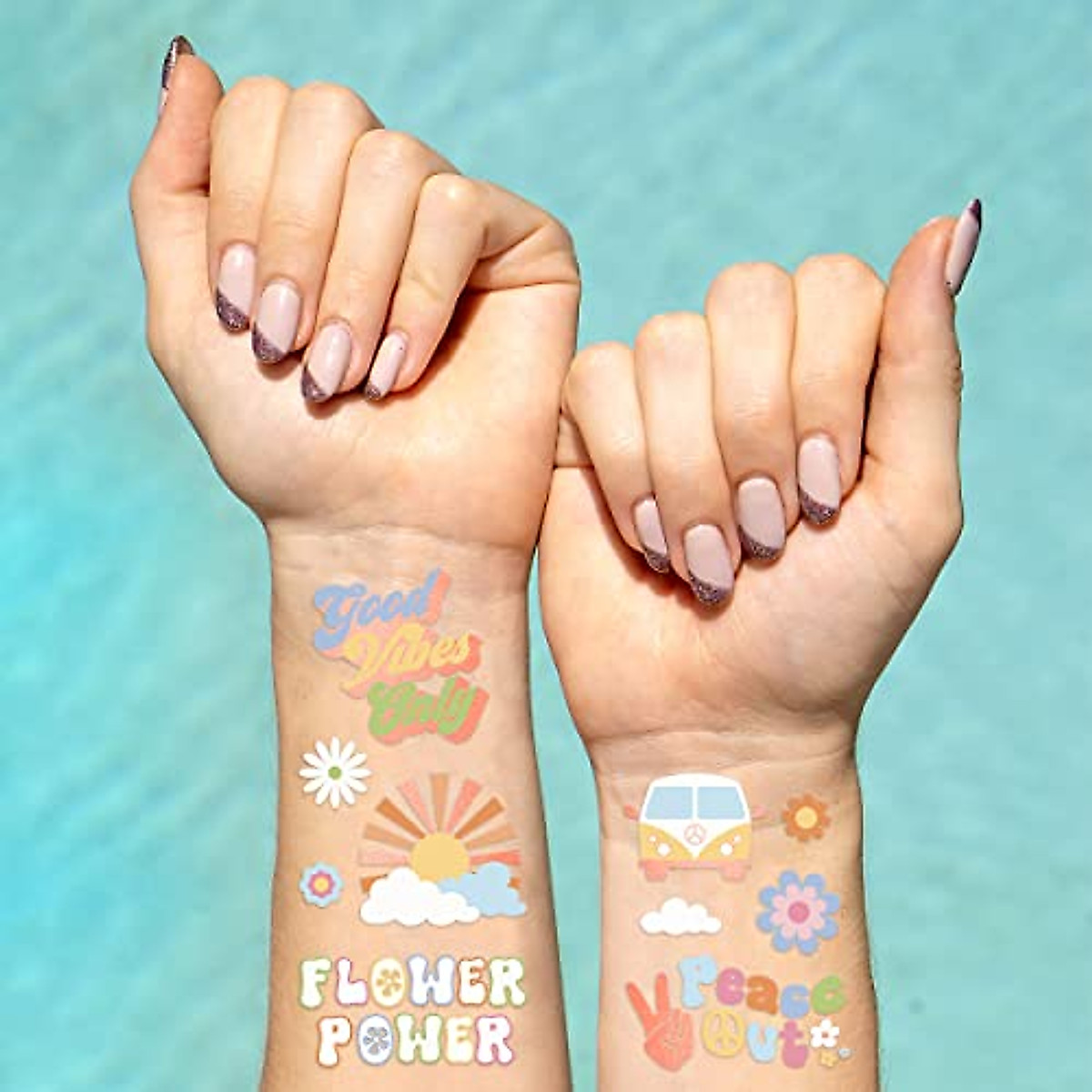 xo, Fetti Groovy 70s Temporary Tattoos - 48 Glitter Styles | Flower Power Birthday Party Supplies, Good Vibes Only Favors, Smiley, Rainbow Arts and Crafts