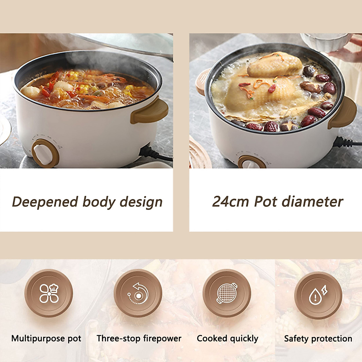 Drizzle 3L Hot Pot Cooker Skillet Steamer - Multifunction Frying Pan 110V Non-Stick Grill Stir-fried Stewed Cookware Steak Noodle Ramen Shabu Shabu Pot - Home Office Party Kitchen Dorm Cooking White