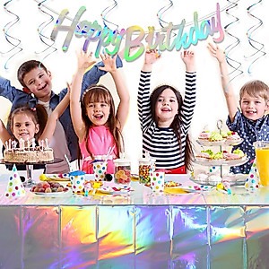 Iridescent Happy Birthday Banner Party Decorations, Shiny Happy Birthday Sign Holographic Circle Garlands Hanging Dots Streamer Backdrop Tablecloth for Iridescent Birthday Party Decorations Supplies