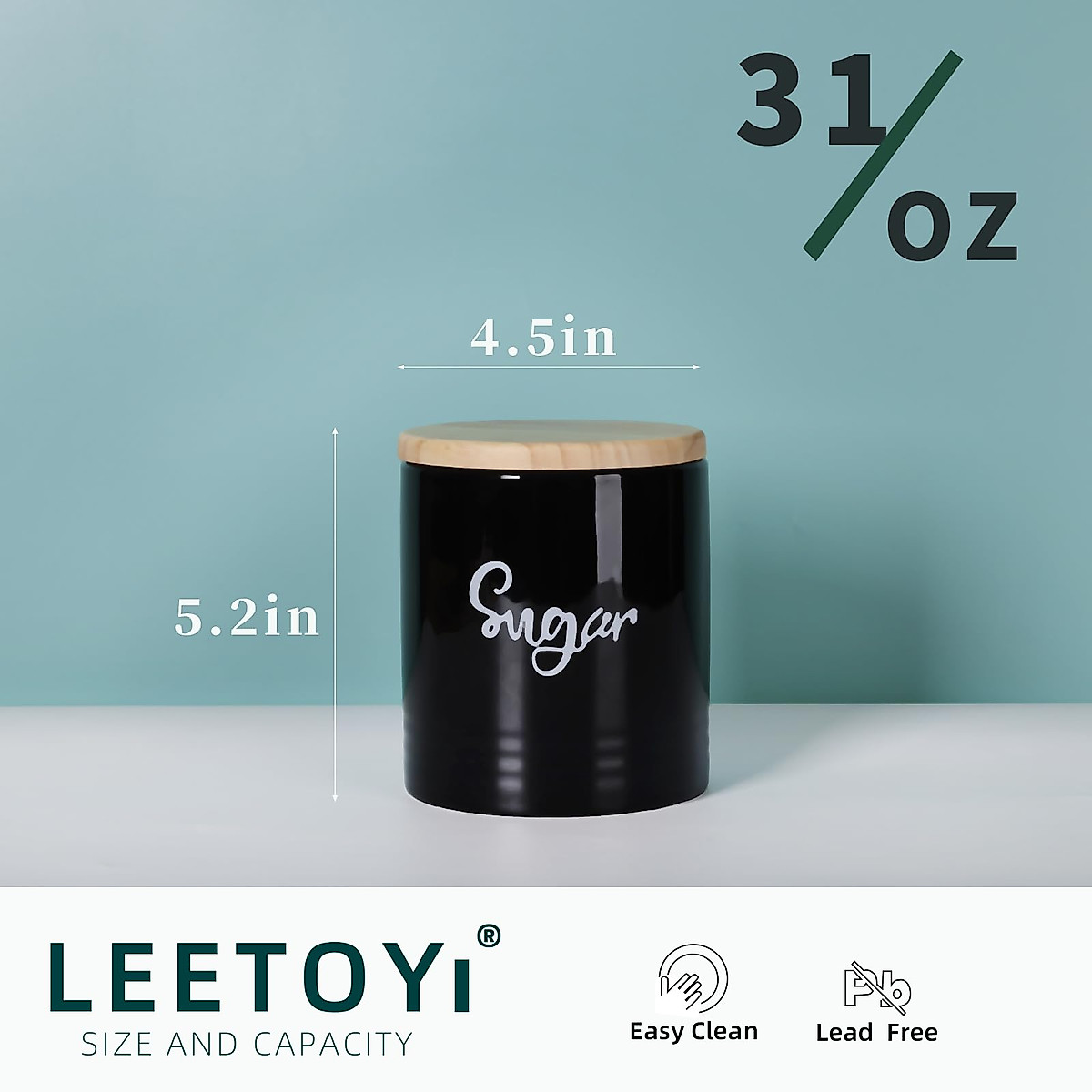 LEETOYI Porcelain Food Storage Containers with Lid, 4.5 Inch 31oz, Black Labeled Sugar