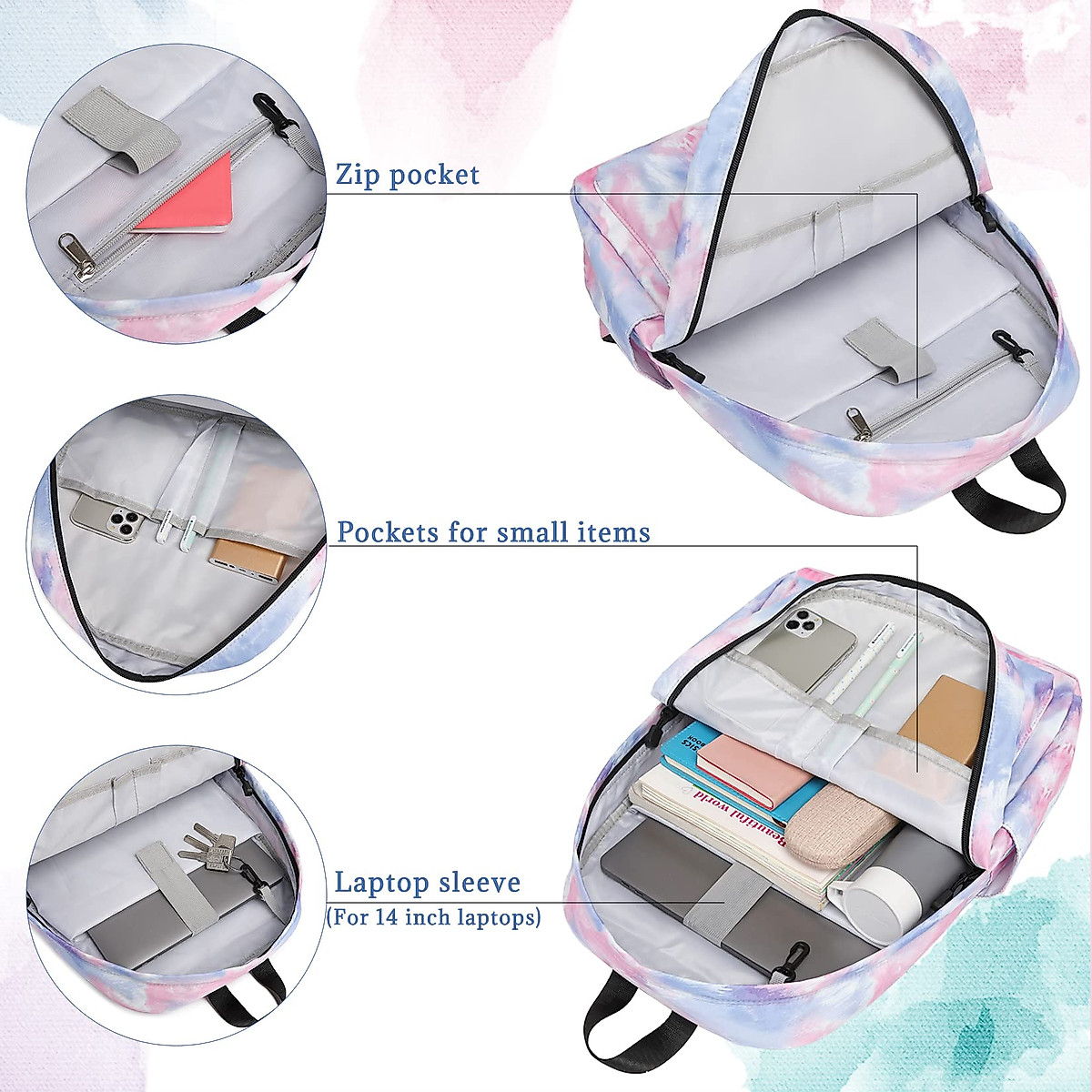 mygreen Backpack for Girls Kids School Backpack with Lunch Box Preschool Kindergarten BookBag Set Tie-Dye Pink Blue