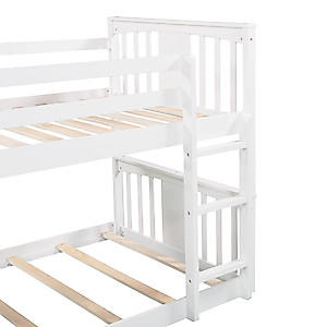 Montessori Floor Bunk Bed Twin Over Twin, Twin Bunk Bed with Slide and Ladder, Kids Bunk Beds with Guardrail Headboard and Footboard, Low Bunk Beds for Kids, Boys, Girls, Twin Bunk Bed White