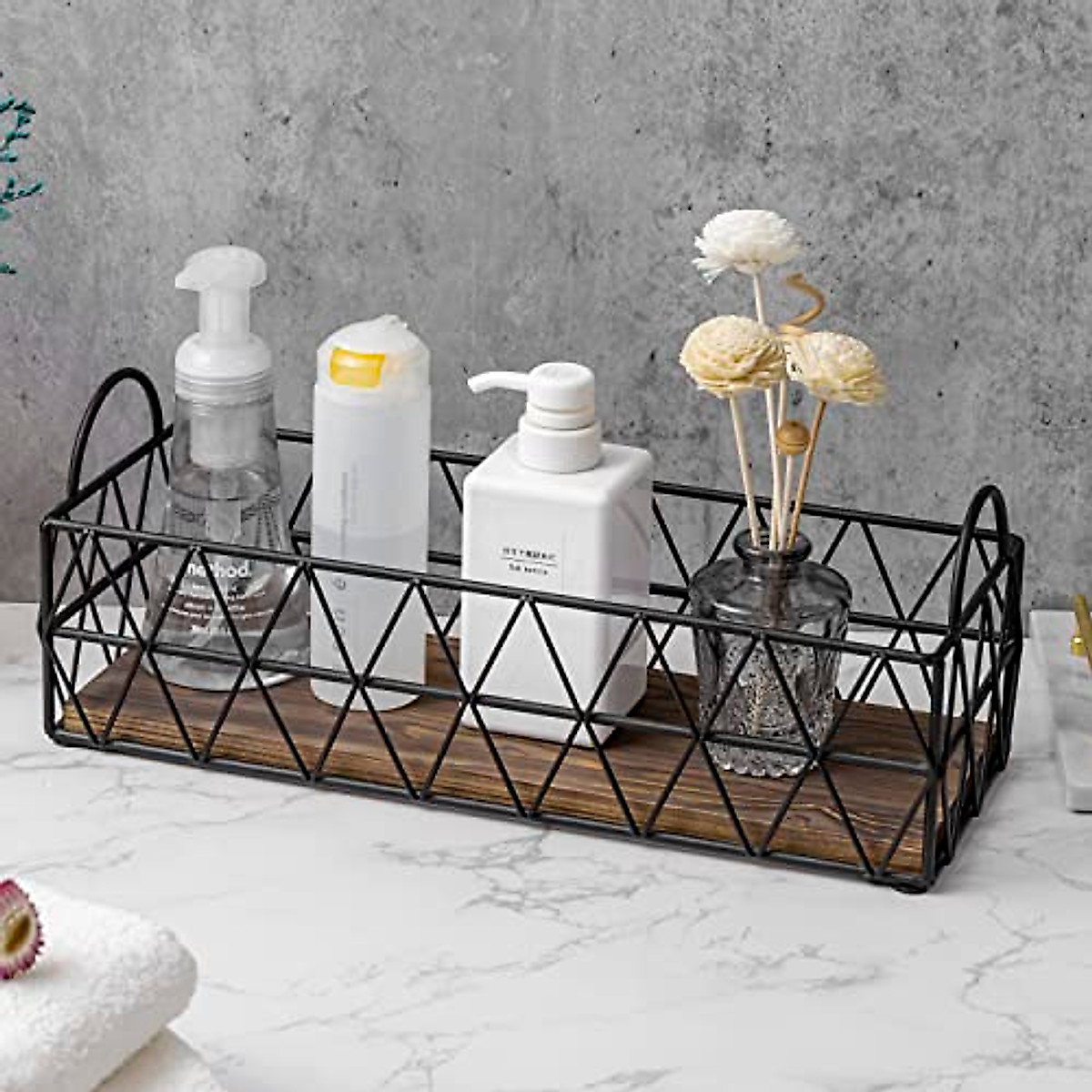 MyGift 16 Inch Deluxe Black Metal Toilet Tank Tray with Geometric Wire Design and Burnt Wood Base, Bathroom Vanity Toiletry Storage Organizer Tray with Handles