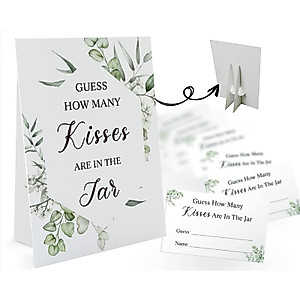 Guess How Many Kisses Are in the Jar Game-1 Standing Sign and 50 Guessing Cards, Greenery Bridal Shower Games, Baby Shower Sign, for Boys Girls Baby Shower Favors and Weddings Party Decoration-02