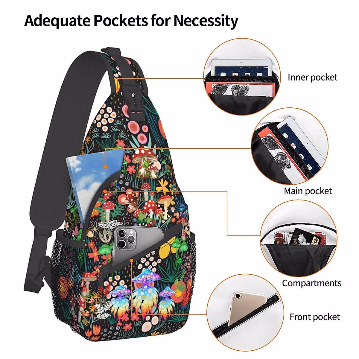 JDEIFKF Mushroom Sling Bag Travel Crossbody Bag Chest Daypack Hiking Shoulder Bag For Men Women