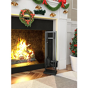 CALIDOLA 5 Pieces Fireplace Tools Set Wrought Iron Fireplace Tools with Chimney Poker, Tongs, Shovel, Brush and Stand Hearth Accessories Set, Black