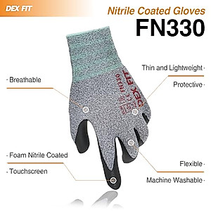 DEX FIT Nitrile Work Gloves FN330, 1 Pair, 3D-Comfort Stretchy Fit, Firm Grip, Thin & Lightweight, Touch-Screen Compatible, Durable, Breathable & Cool, Machine Washable; Grey S (7)