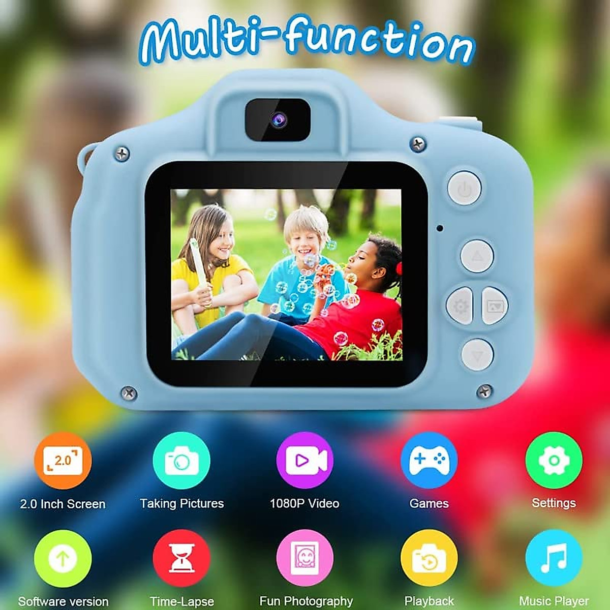 Kids Camera, 1080P Video 2.0-inch Screen Front and Rear Camera Digital Cameras for Boys and Girls Gift Age 3-9 Years,Blue