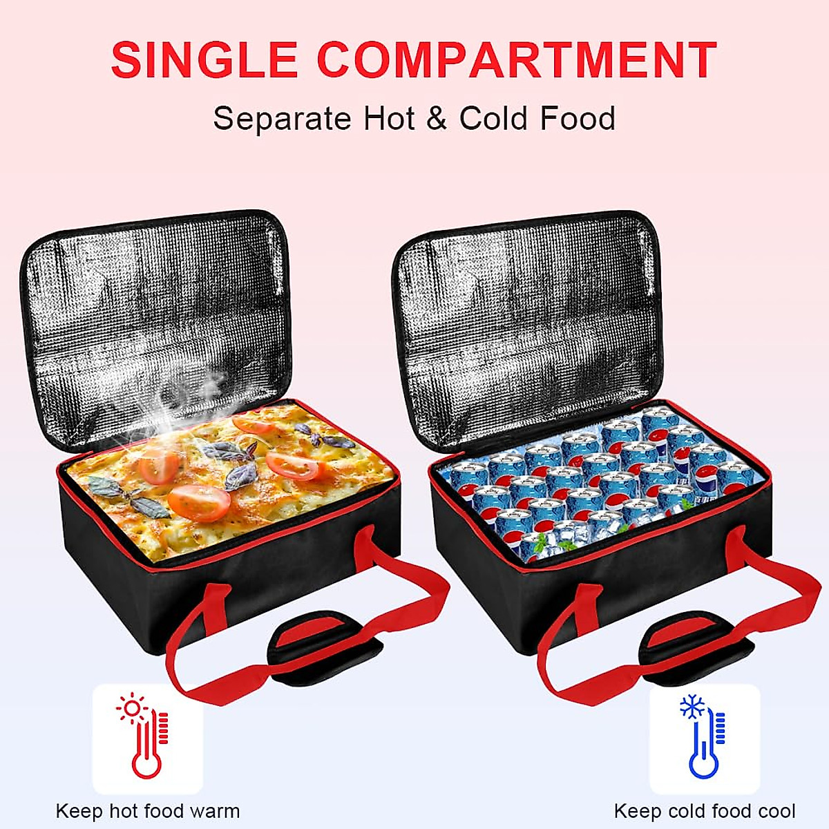 Bodaon Insulated Casserole Carrier for Hot or Cold Food, Fits 9"x13" and 11"x15" Baking Dish with Lid, Insulated Carriers for Transport, Travel Food Warmer Container Bags (Single Decker, Black-Red)